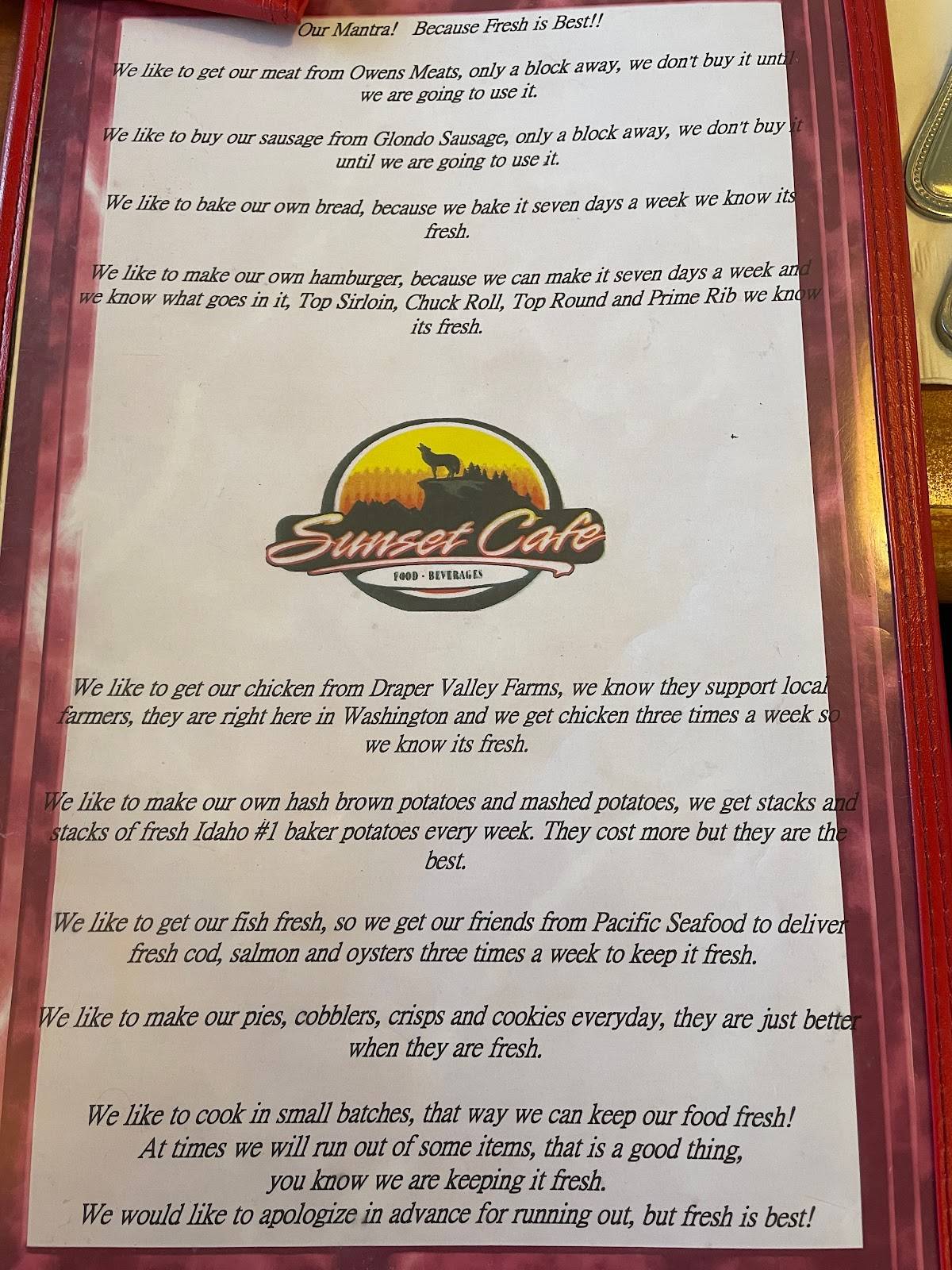 Menu at The Sunset Cafe, Cle Elum