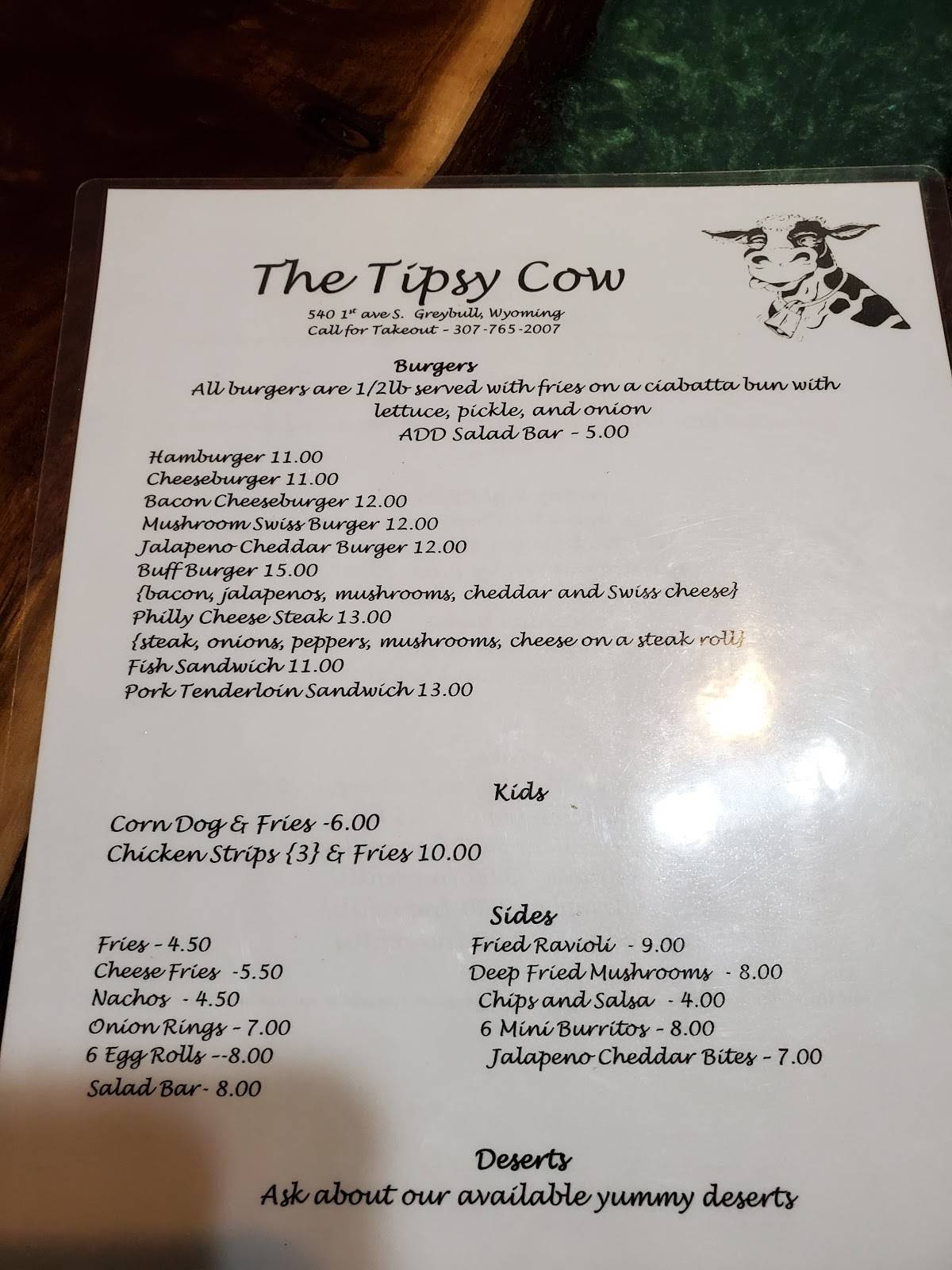 Menu at The Tipsy Cow pub & bar, Greybull