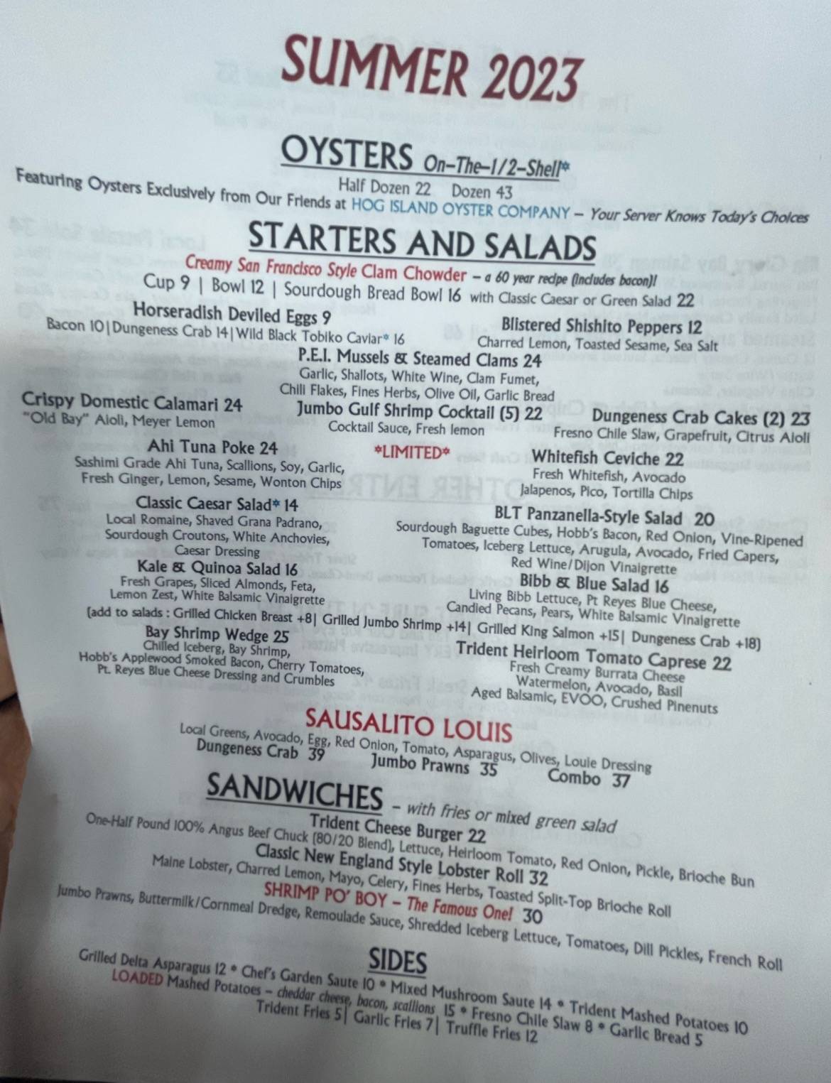 Menu at The Trident restaurant, Sausalito