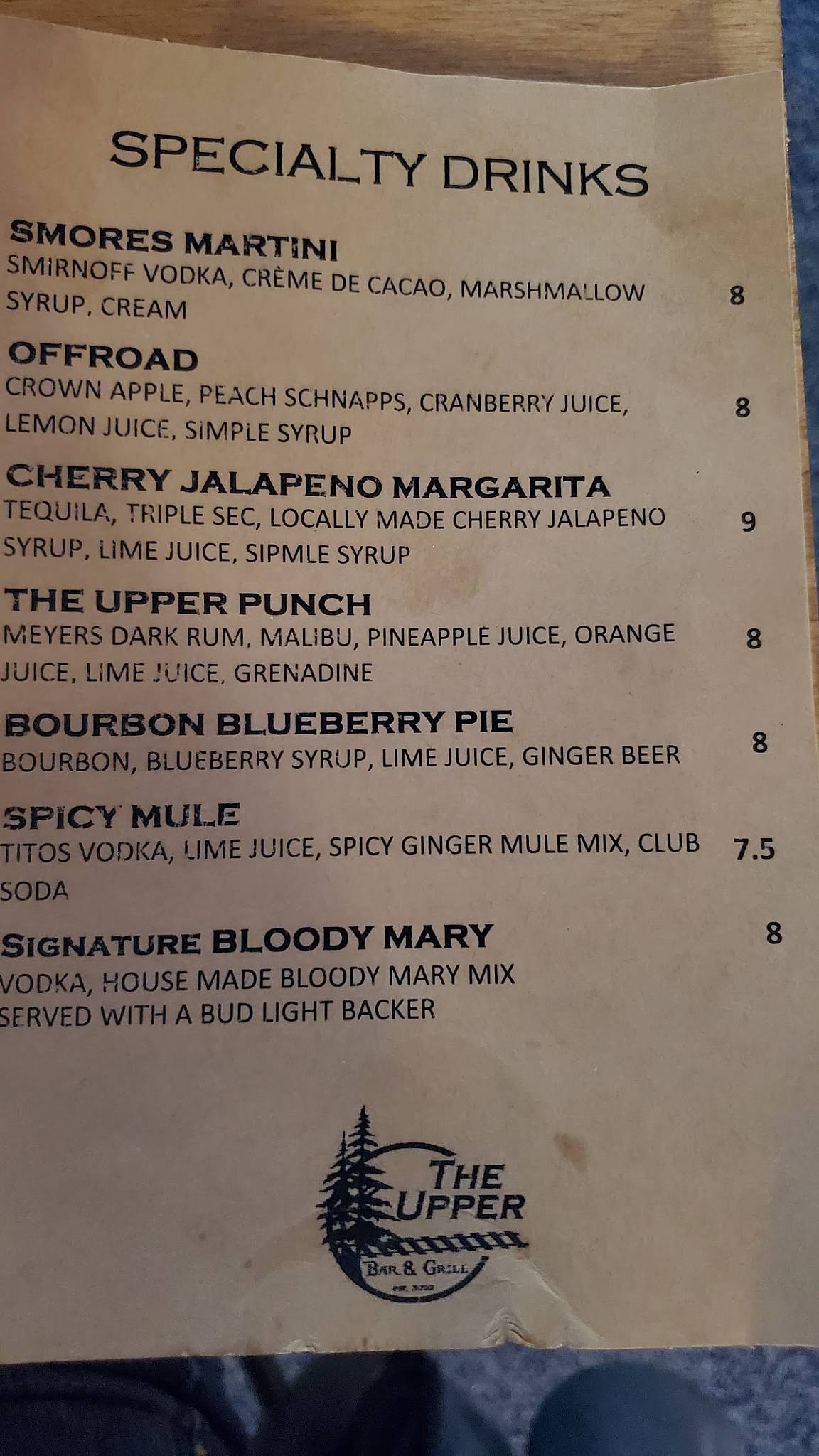 Menu at The Upper Bar & Grill, Fife Lake