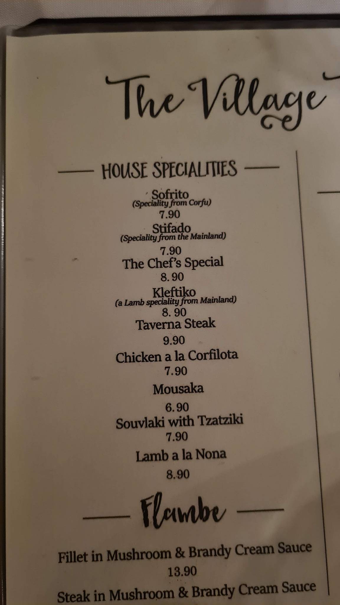 Menu at The Village Taverna, Moraitika