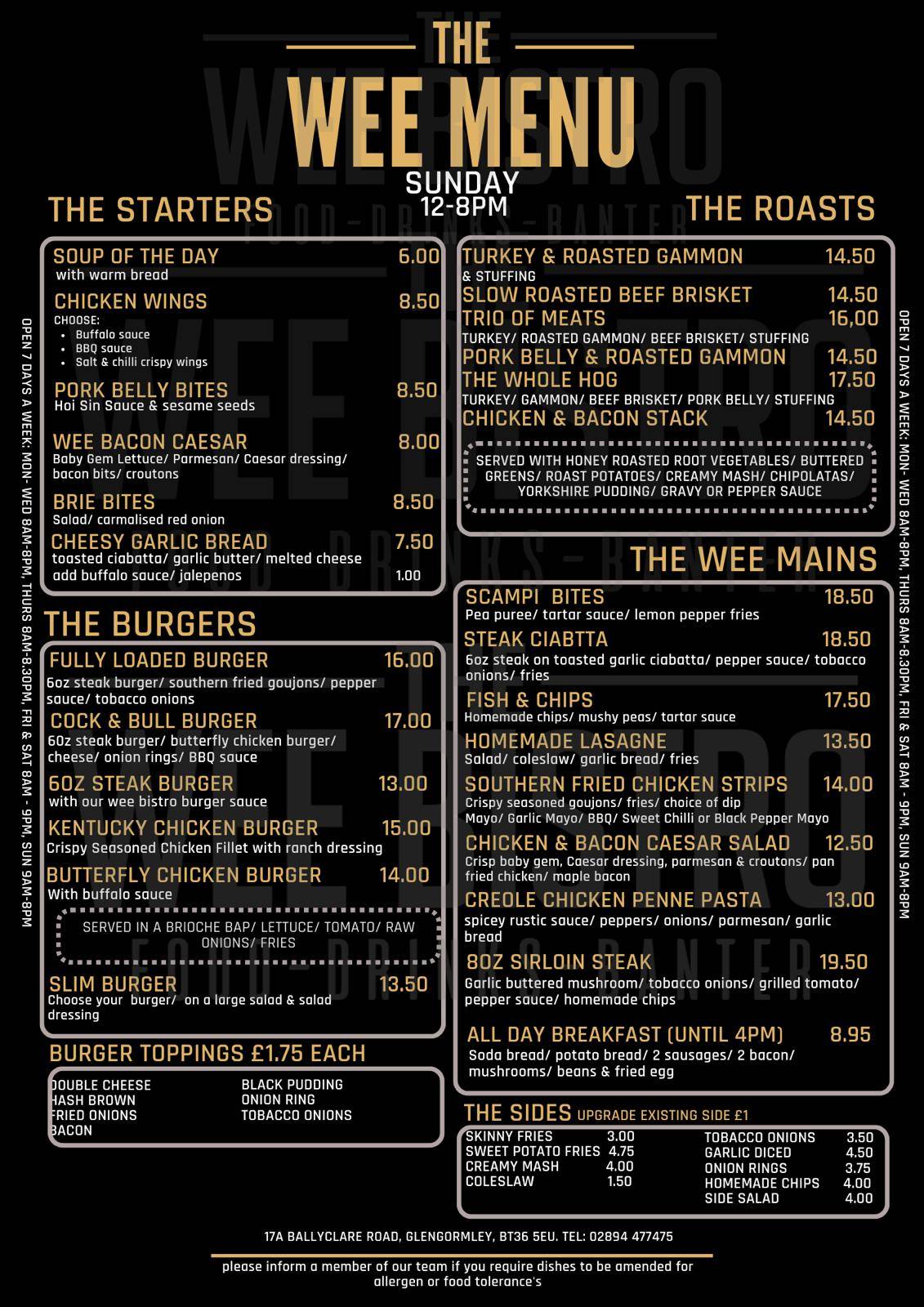 Menu at The Wee Bistro restaurant, Glengormley