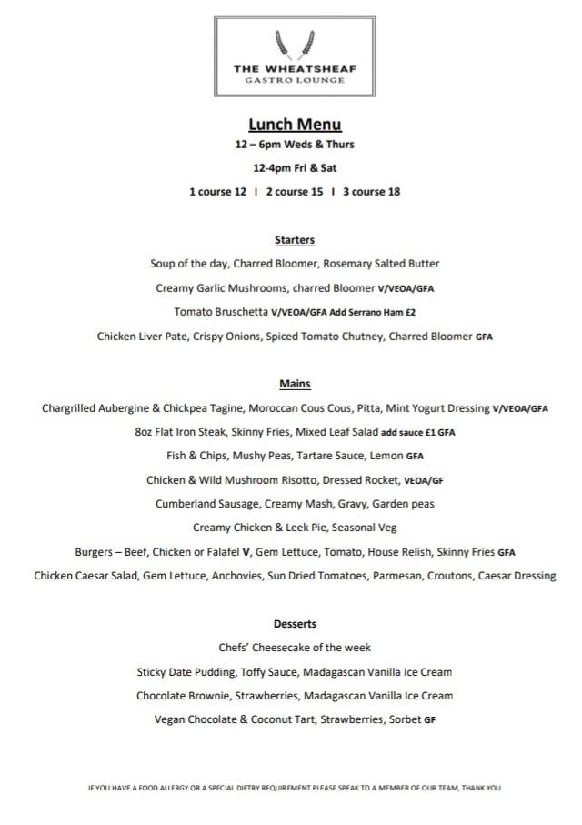 Menu at The Wheatsheaf Gomersal pub & bar, Cleckheaton