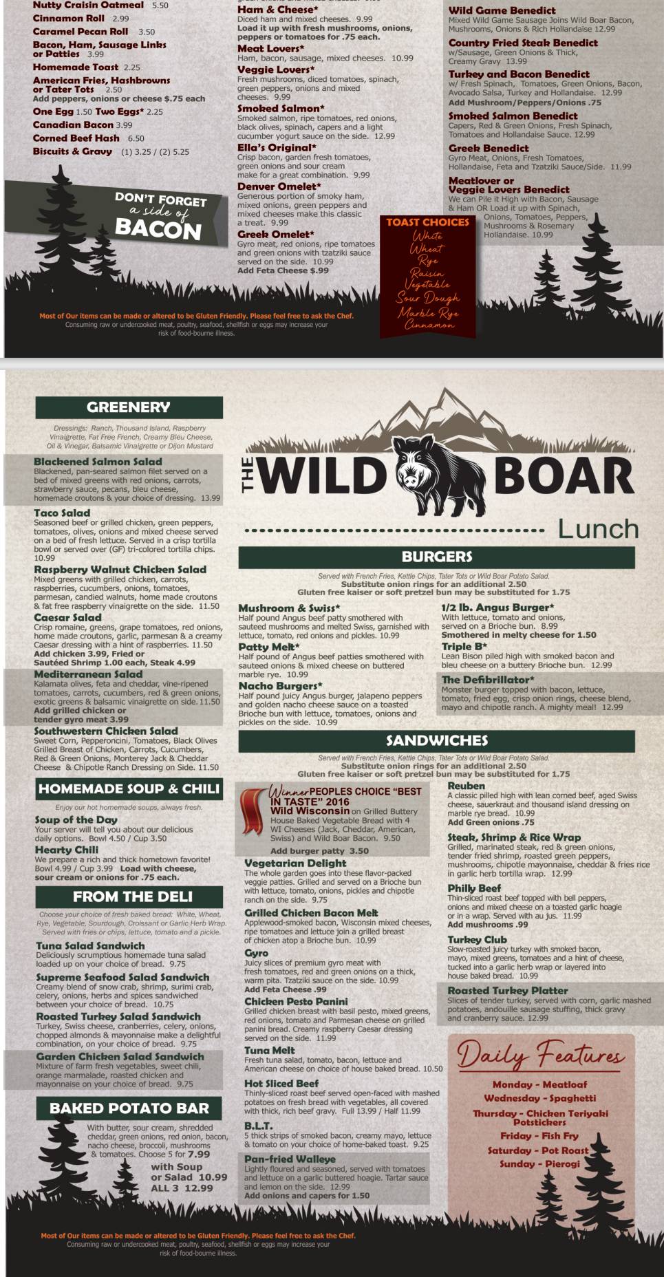 Menu at The Wild Boar Restaurant, Woodruff
