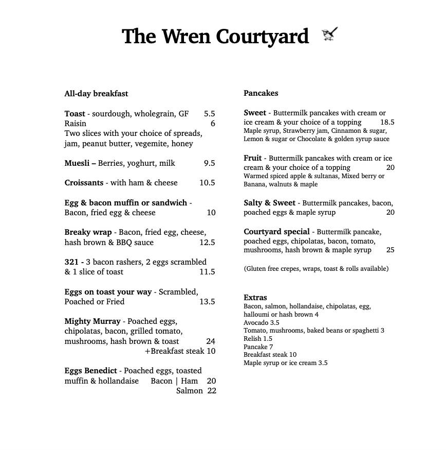 Menu at The Wren Courtyard cafe, Echuca