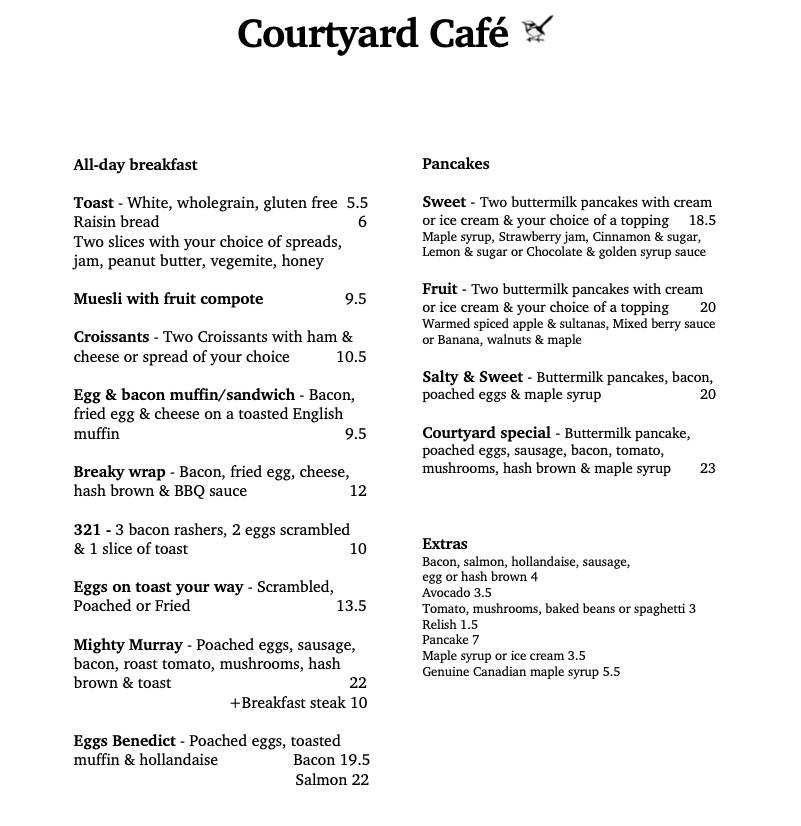 Menu at The Wren Courtyard cafe, Echuca