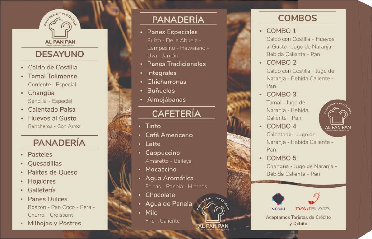 Carta de Panadería Al Pan Pan, Bogotá