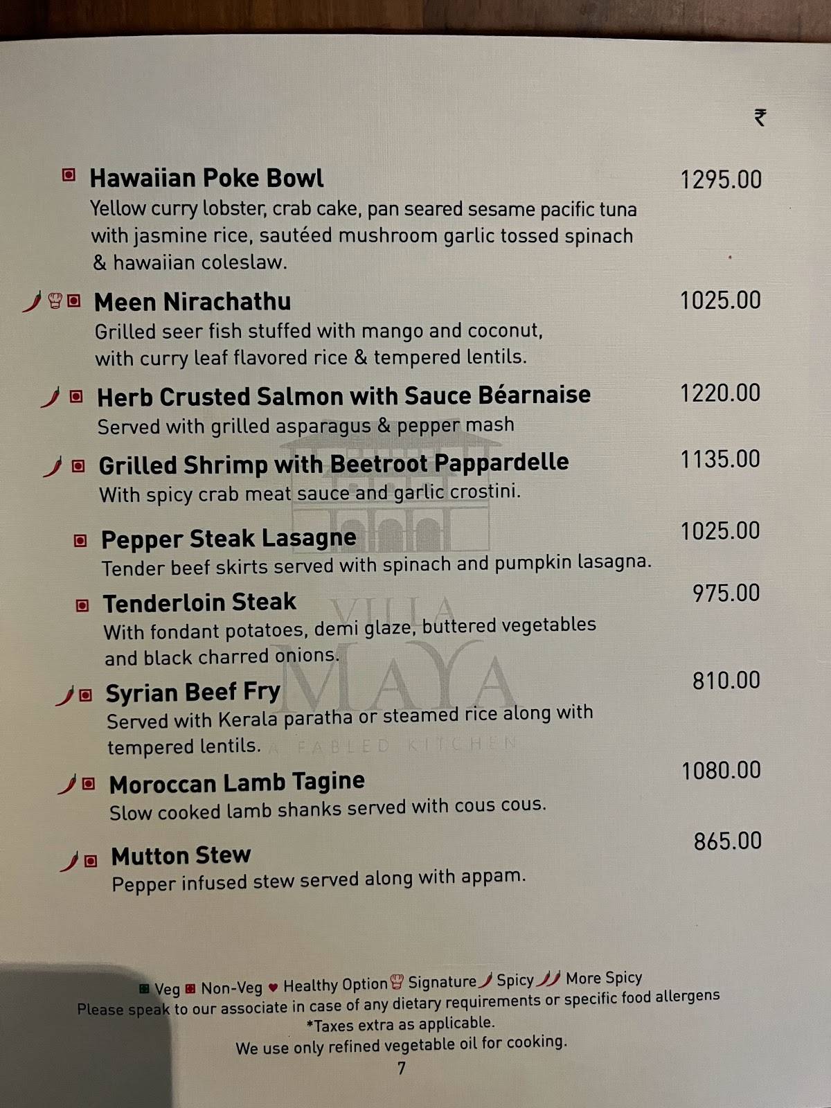 Menu at Villa Maya, Thiruvananthapuram