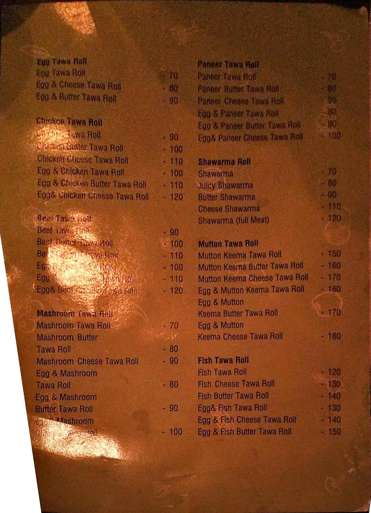 Menu at Cafe 1983, Thrissur
