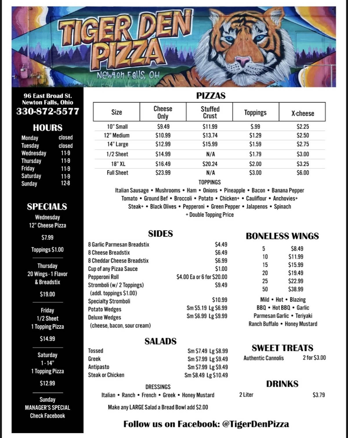 Menu at Tiger Den Pizza pizzeria, Newton Falls