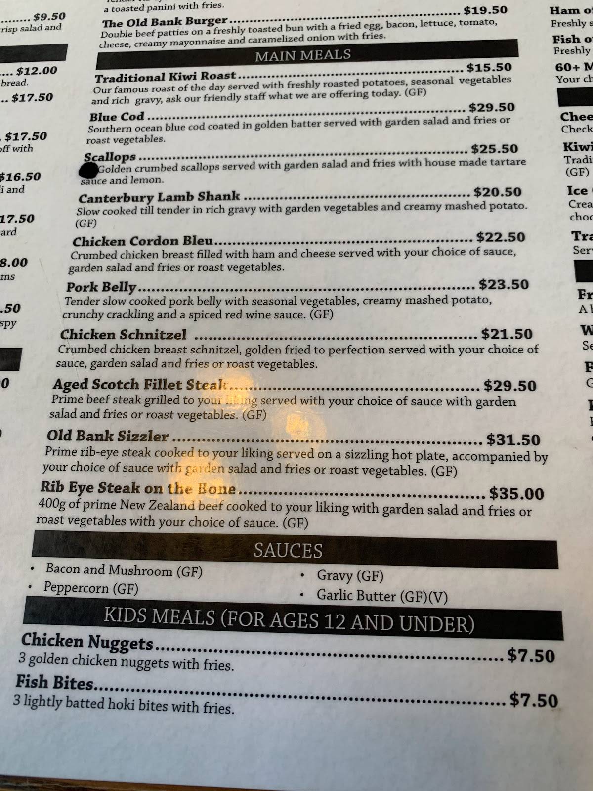 Menu at Old Bank Cafe & bar, Timaru