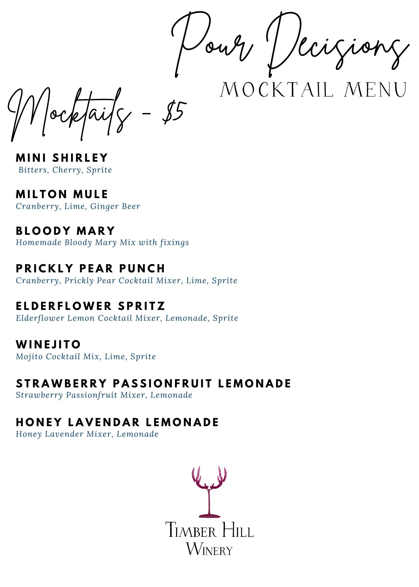 Menu at Timber Hill Winery pub & bar, Milton