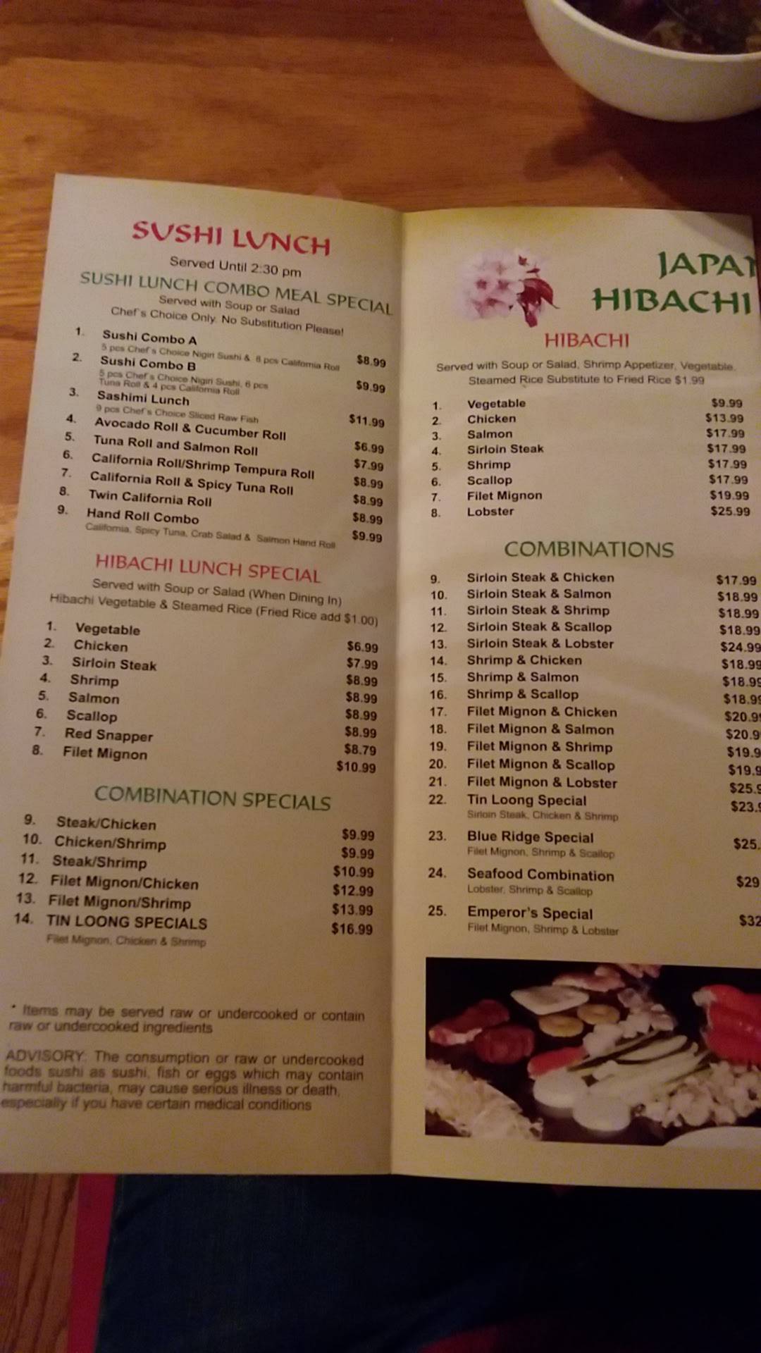 Menu at Tin Loong restaurant, Blue Ridge, Appalachian Hwy