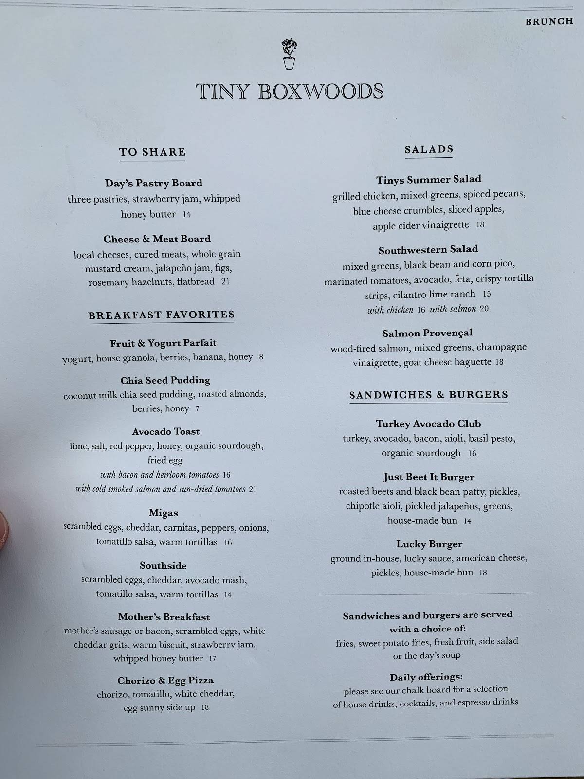 Menu at Tiny Boxwoods restaurant, Houston