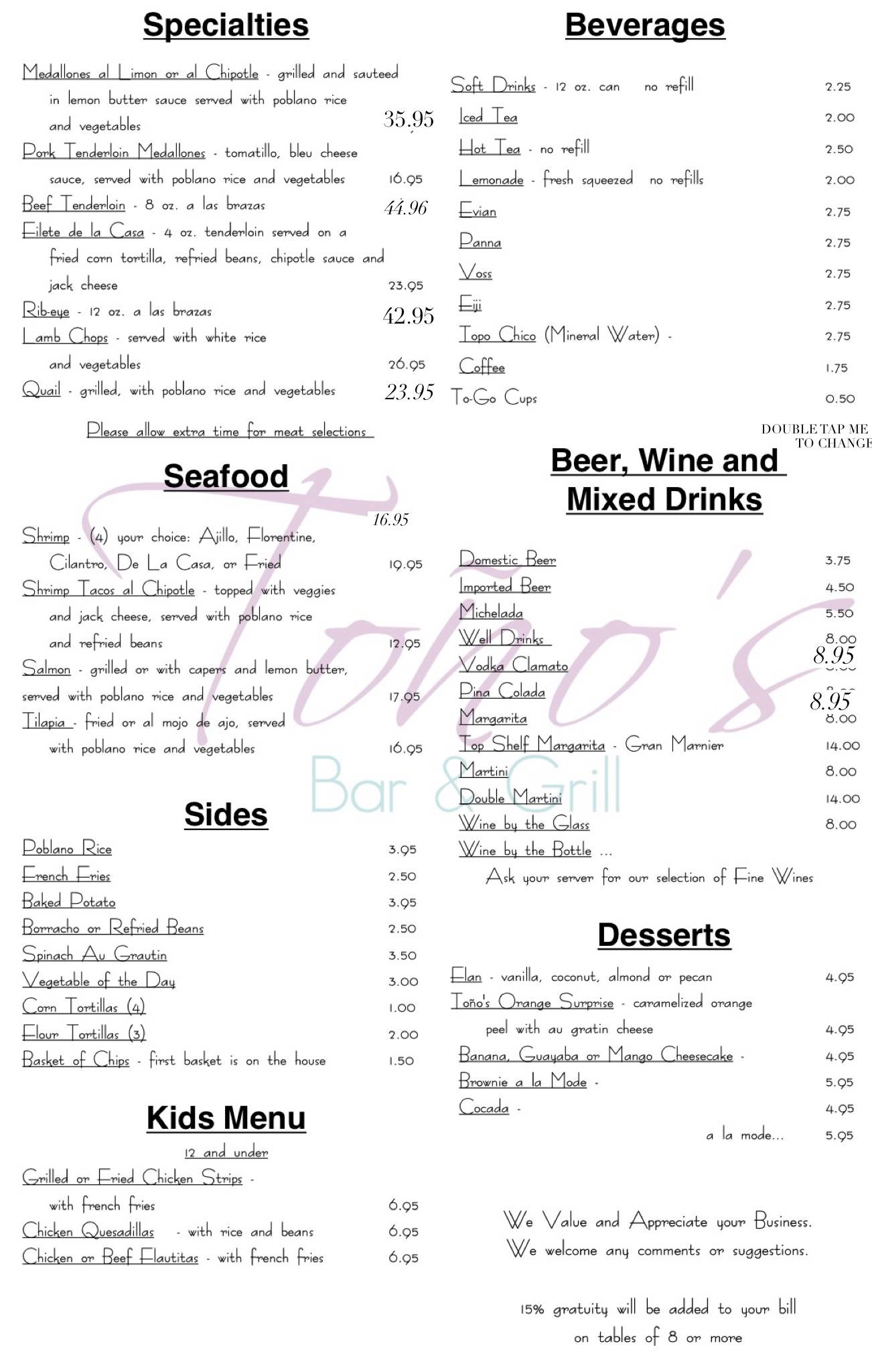Menu at Toño's Bar & Grill, Laredo