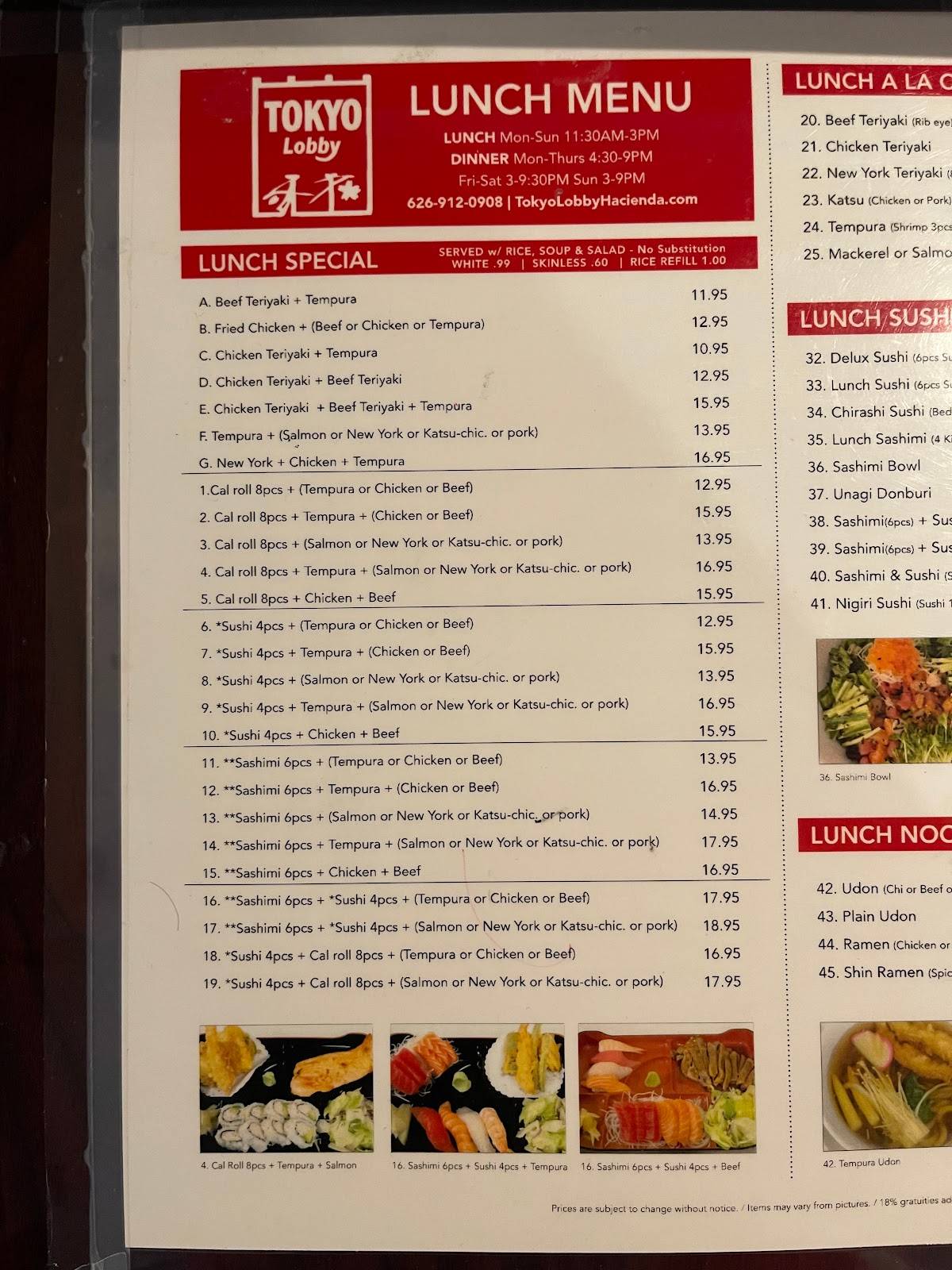 Menu at Tokyo Lobby Restaurant, Hacienda Heights
