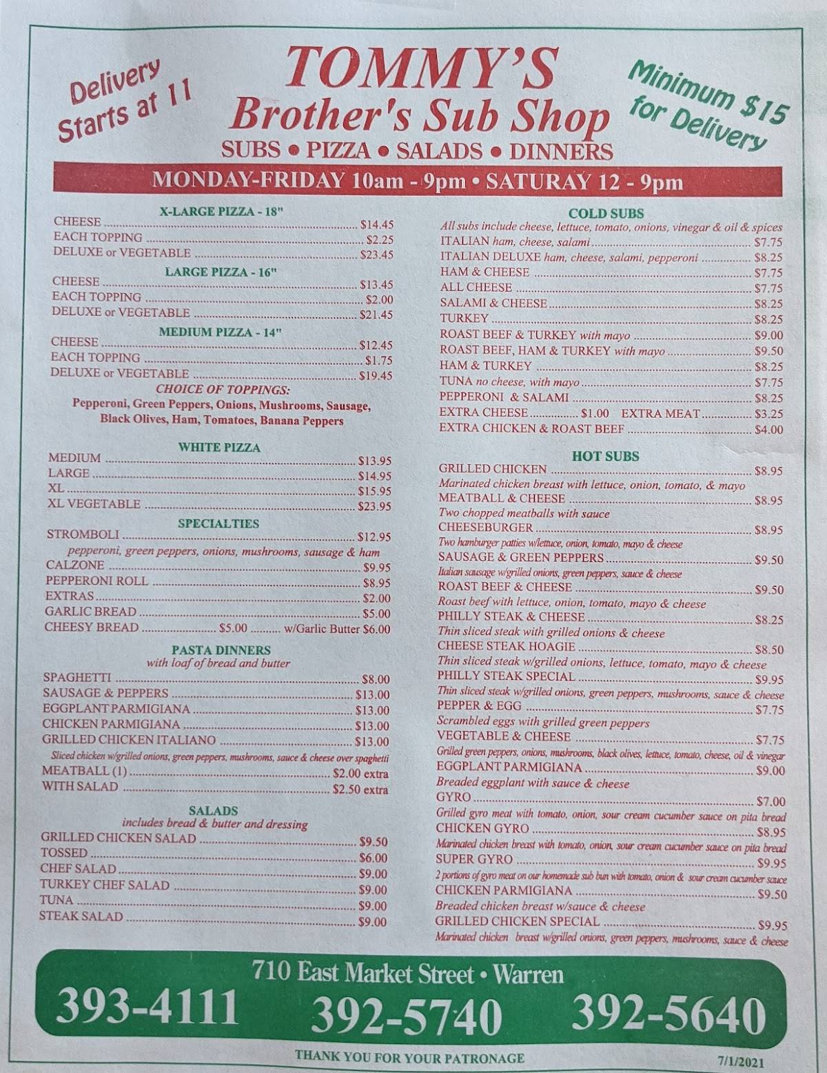 Menu at Tommy's Brother's Sub Shop pizzeria, Warren