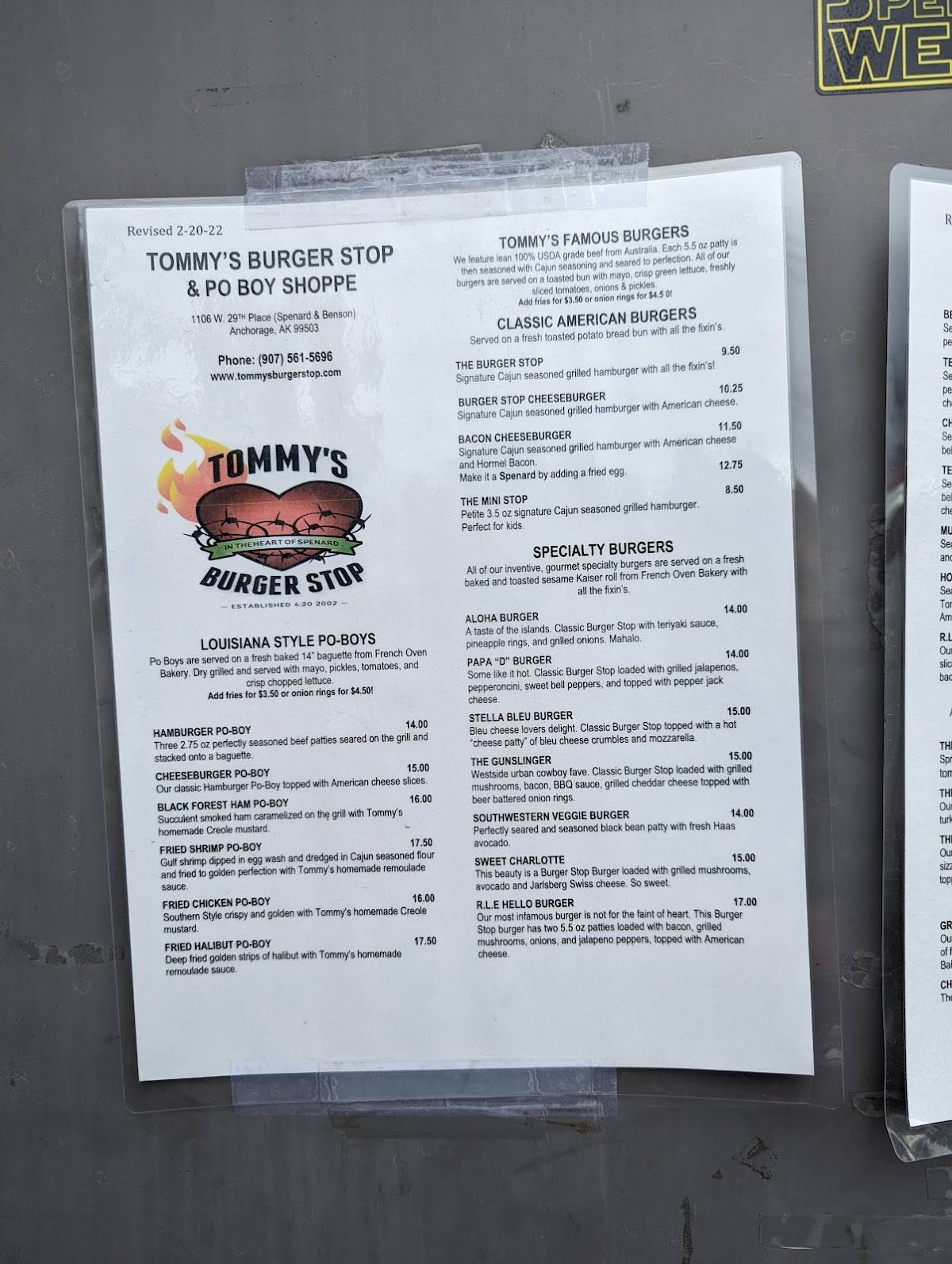 Menu at Tommy's Burger Stop restaurant, Anchorage