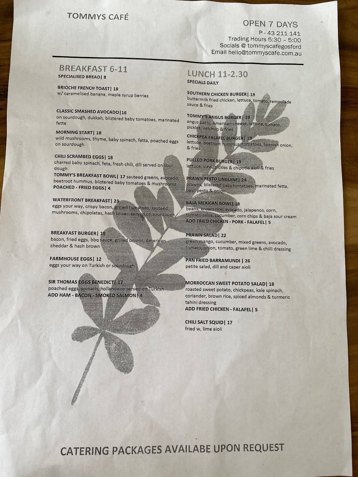Menu at Tommy's Cafe, Gosford, 1a Gertrude Pl