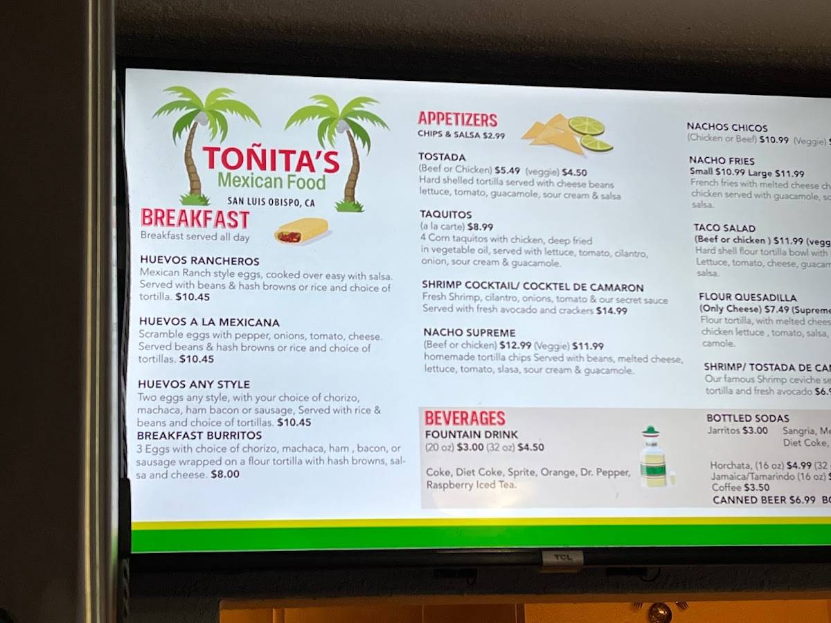 Carta del restaurante Tonita's Mexican Food, San Luis Obispo