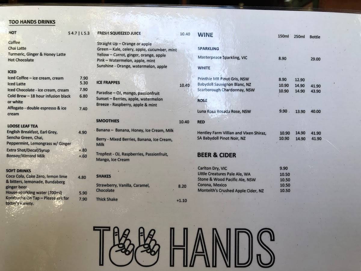 Menu at Too Hands restaurant, New Lambton