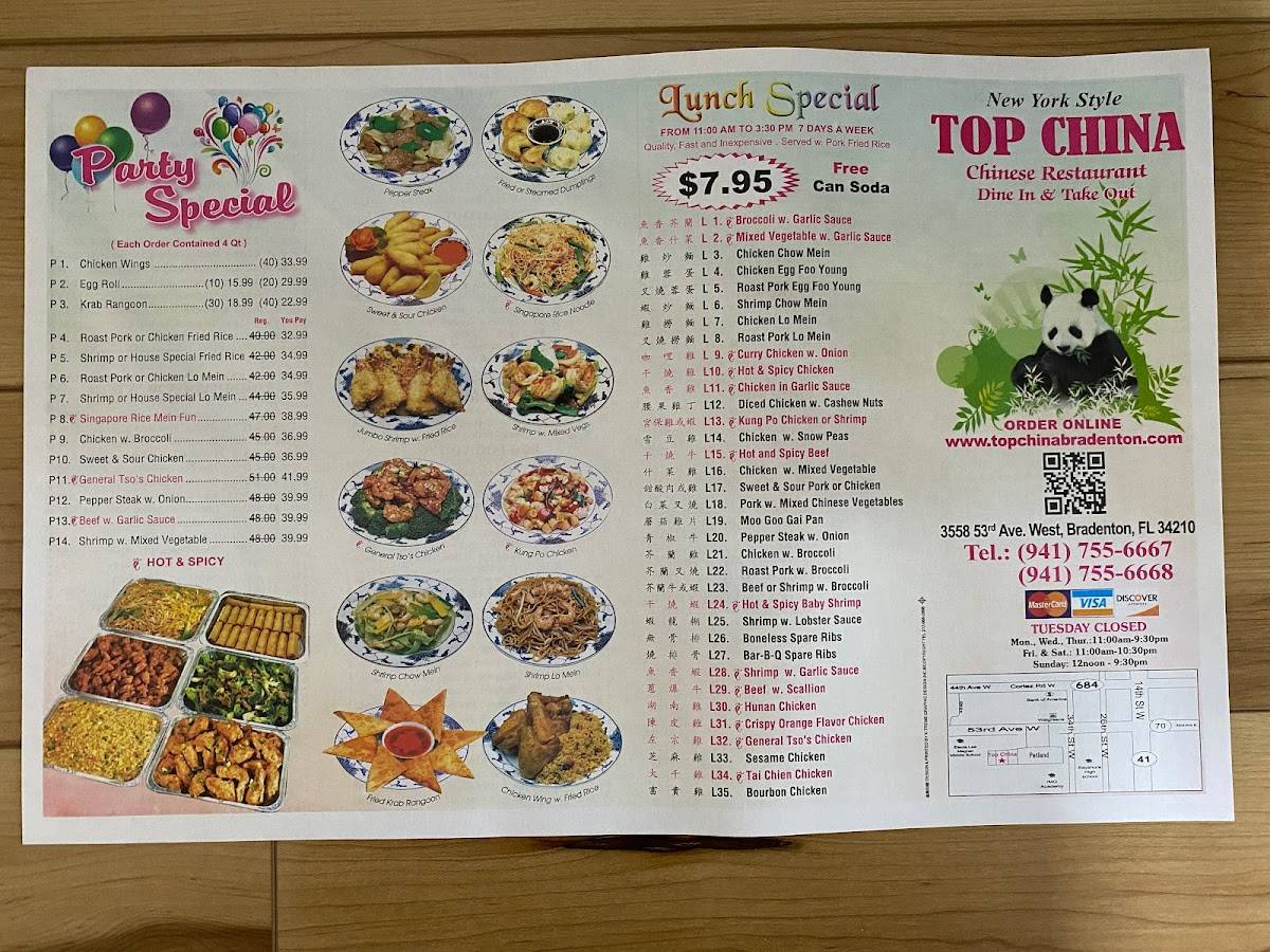 Menu at Top China restaurant, Bradenton