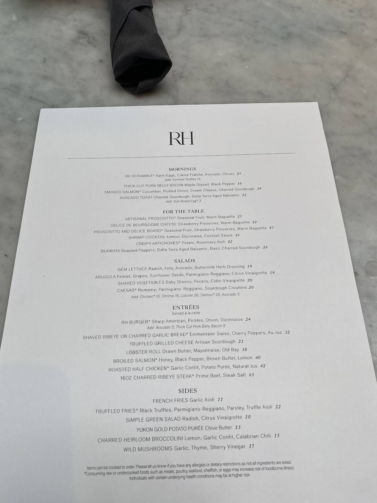 Menu at RH Courtyard Restaurant at RH Toronto, Toronto, Dufferin St
