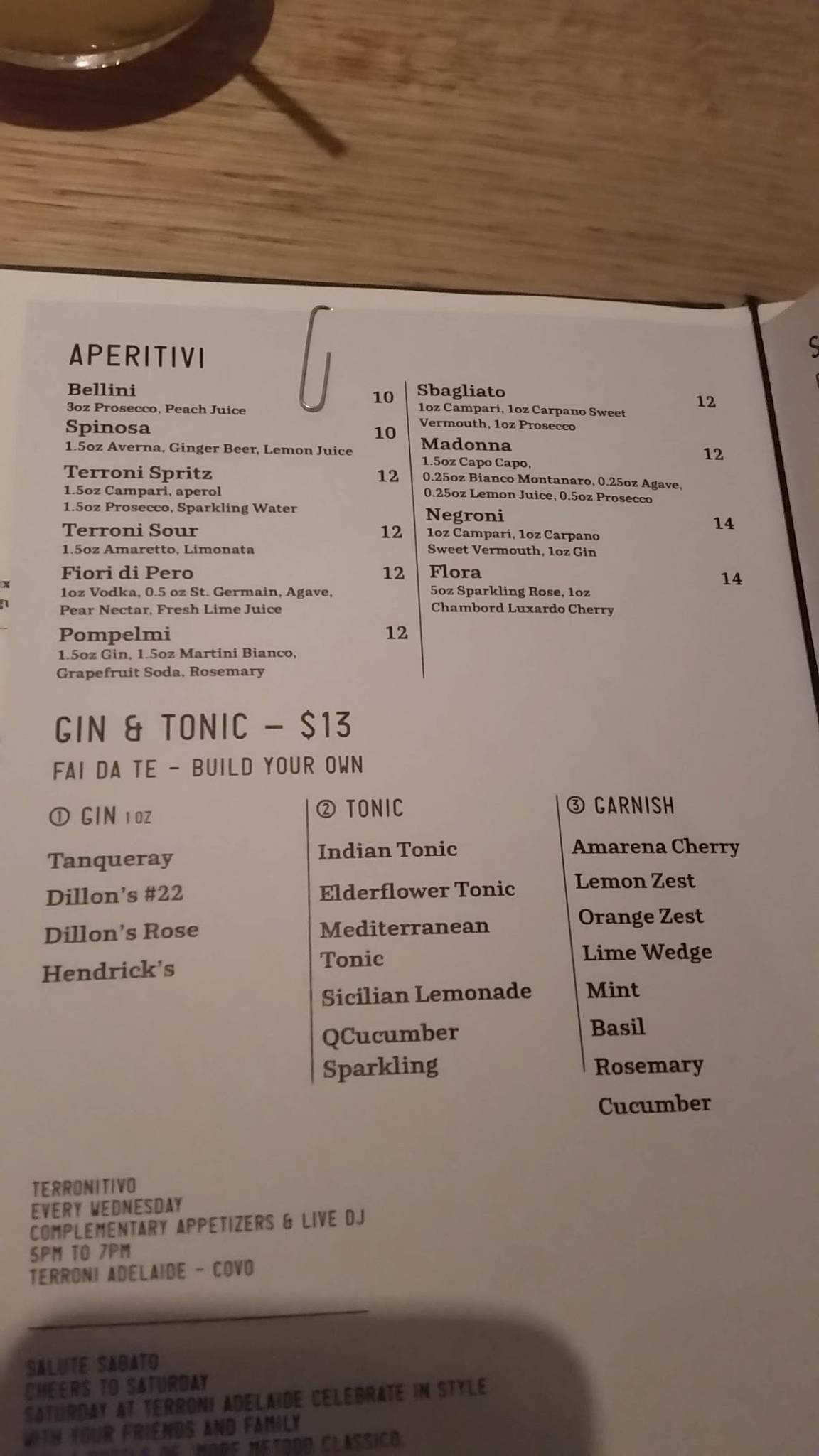 Menu at Terroni restaurant, Toronto, 57 Adelaide St E