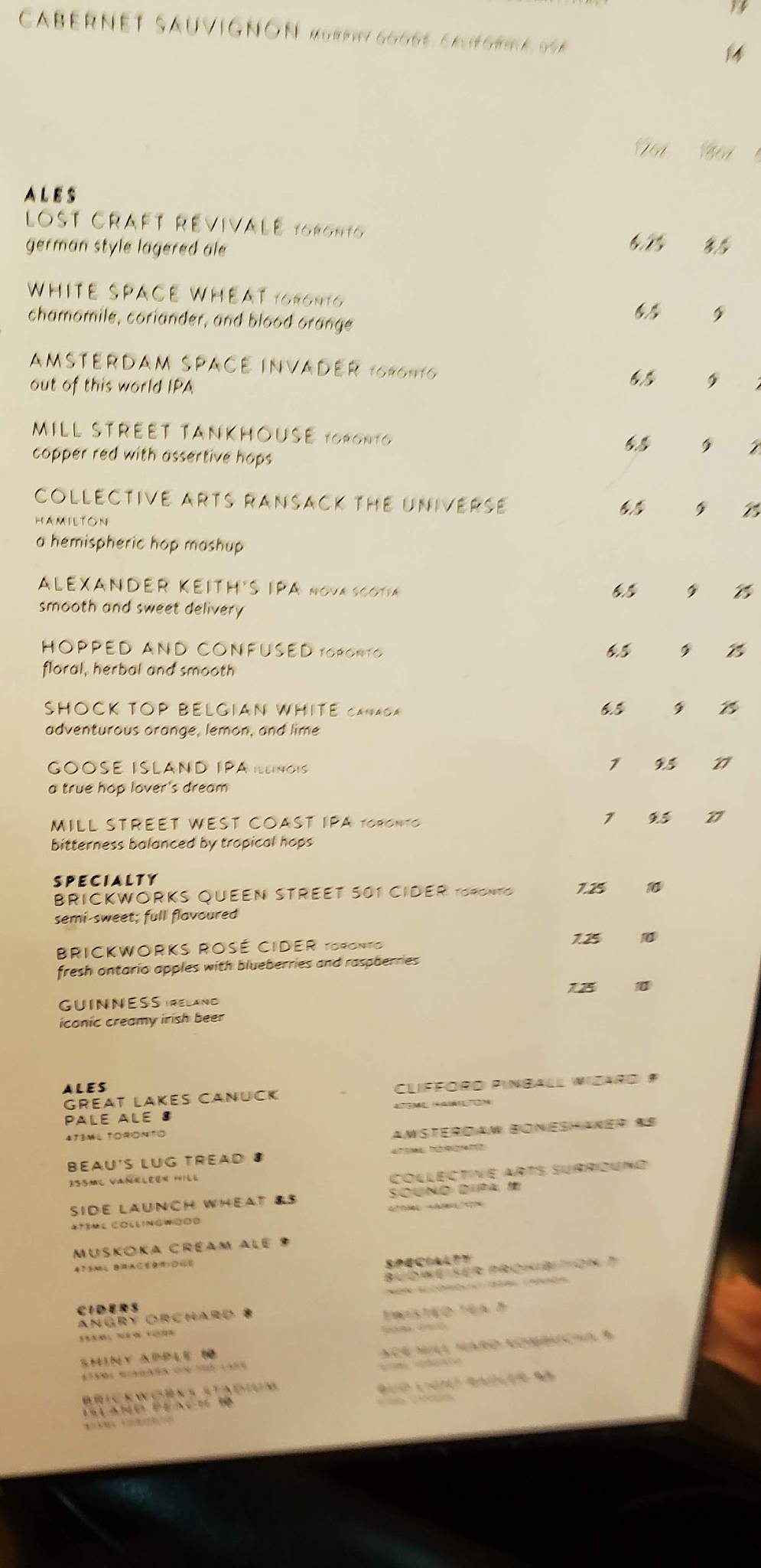 Menu at The Rec Room pub & bar, Toronto