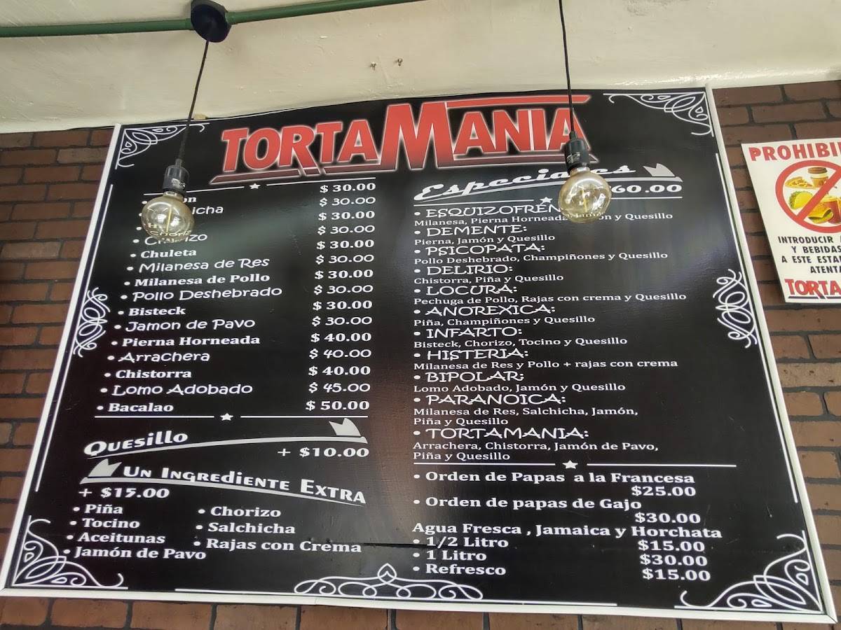 Menu at Torta Mania restaurant, Ciudad López Mateos