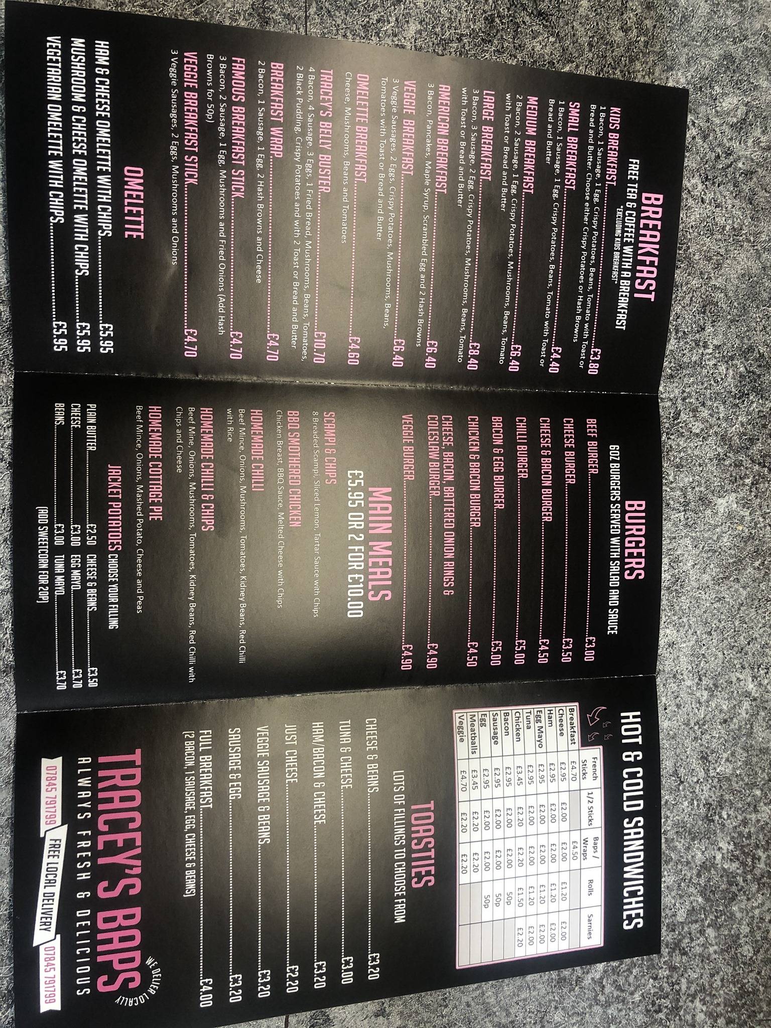 Menu at Tracey's Baps cafe, Lowestoft