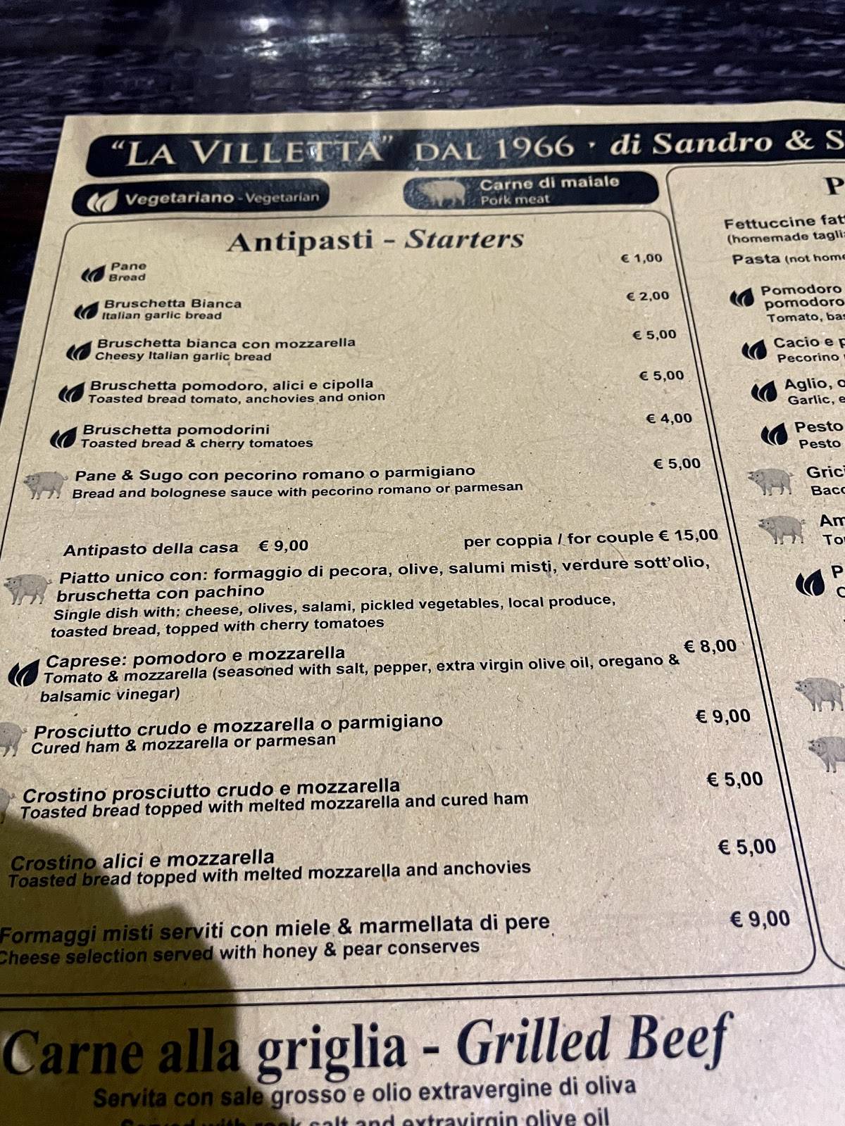 Menu da La Villetta a Torre Spaccata pizzeria, Roma, Via Romolo Artioli