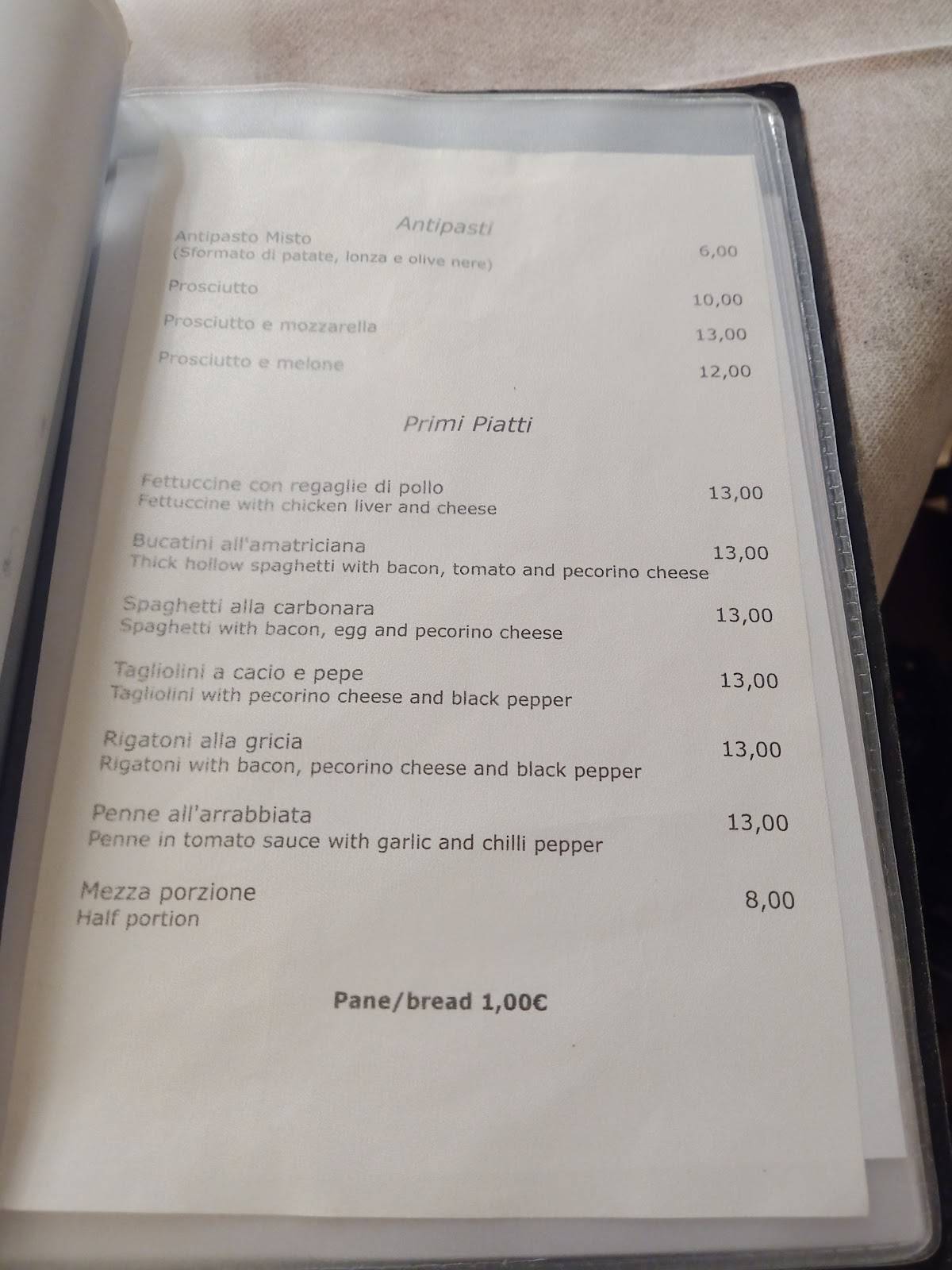 Menu at Trattoria Lilli restaurant, Rome