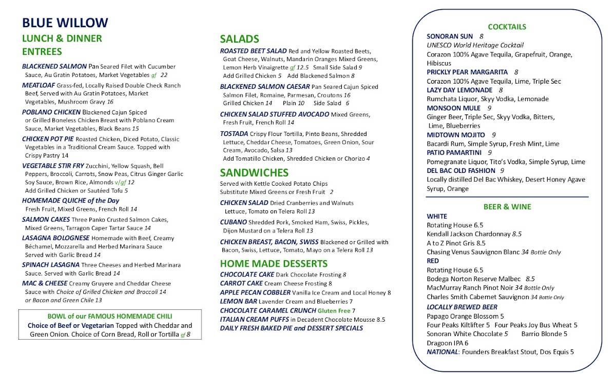 Menu at Blue Willow Restaurant & Gift Shop, Tucson, N Campbell Ave