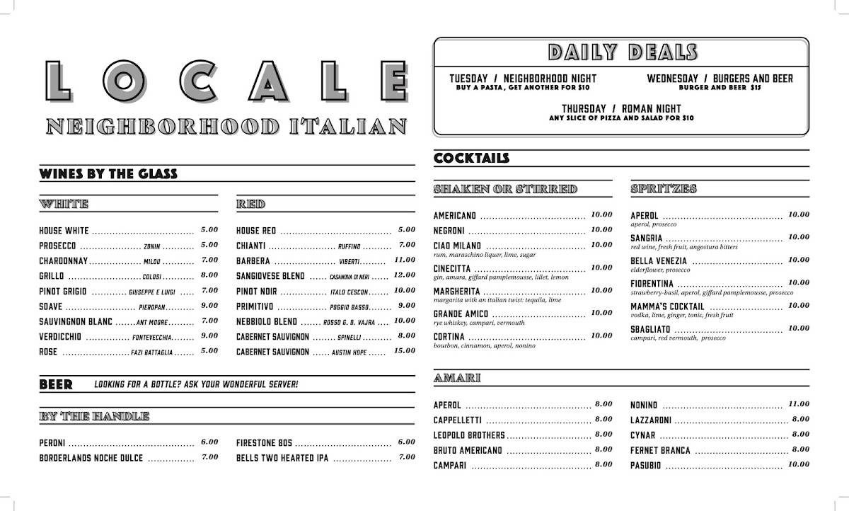 Menu at Locale Neighborhood Italian Restaurant, Tucson
