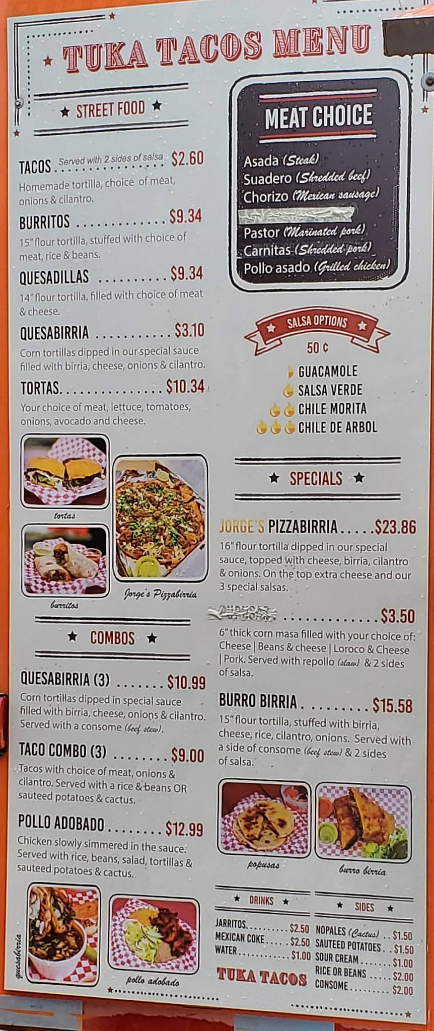 Menu at Tuka Tacos restaurant, Springfield