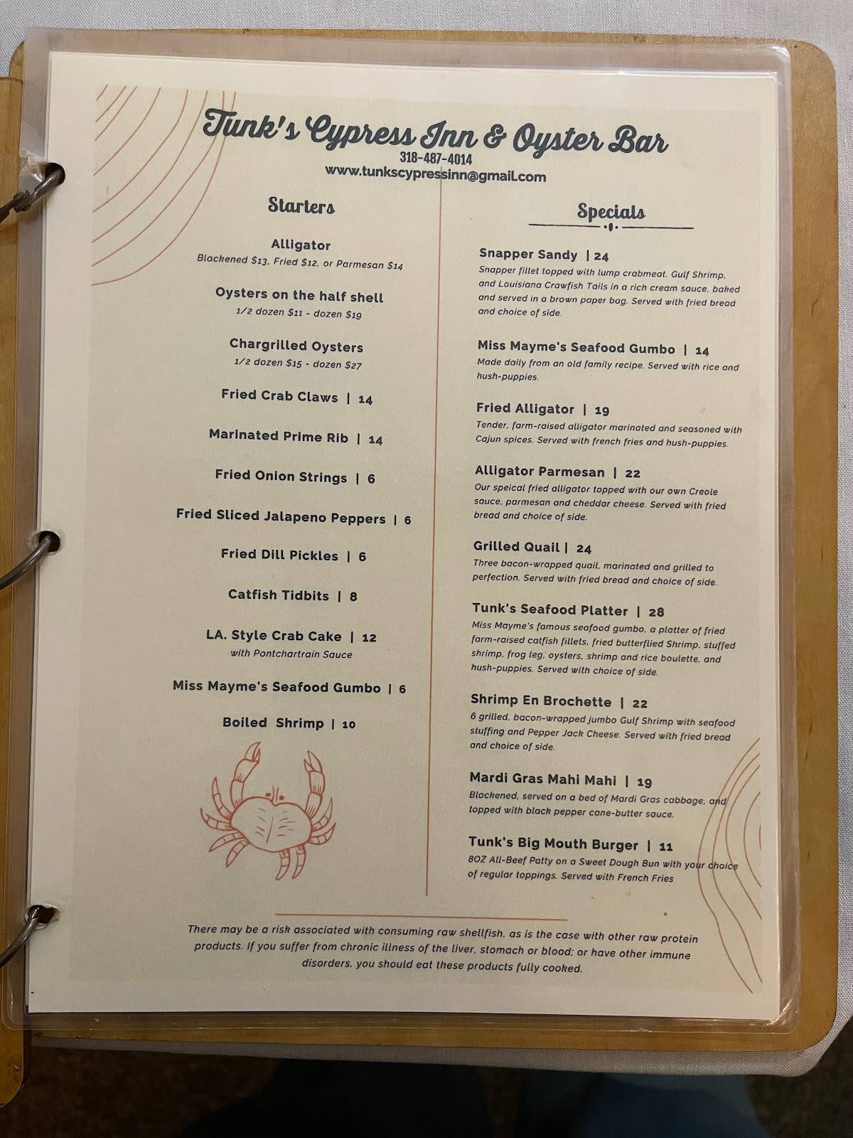 Menu at Tunk's Cypress Inn restaurant, Alexandria, LA-28