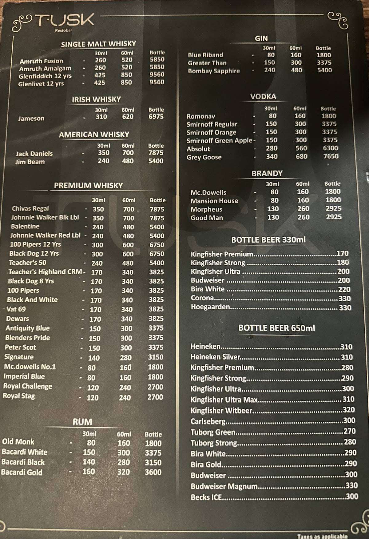 Menu at Tusk Restobar, Mysuru