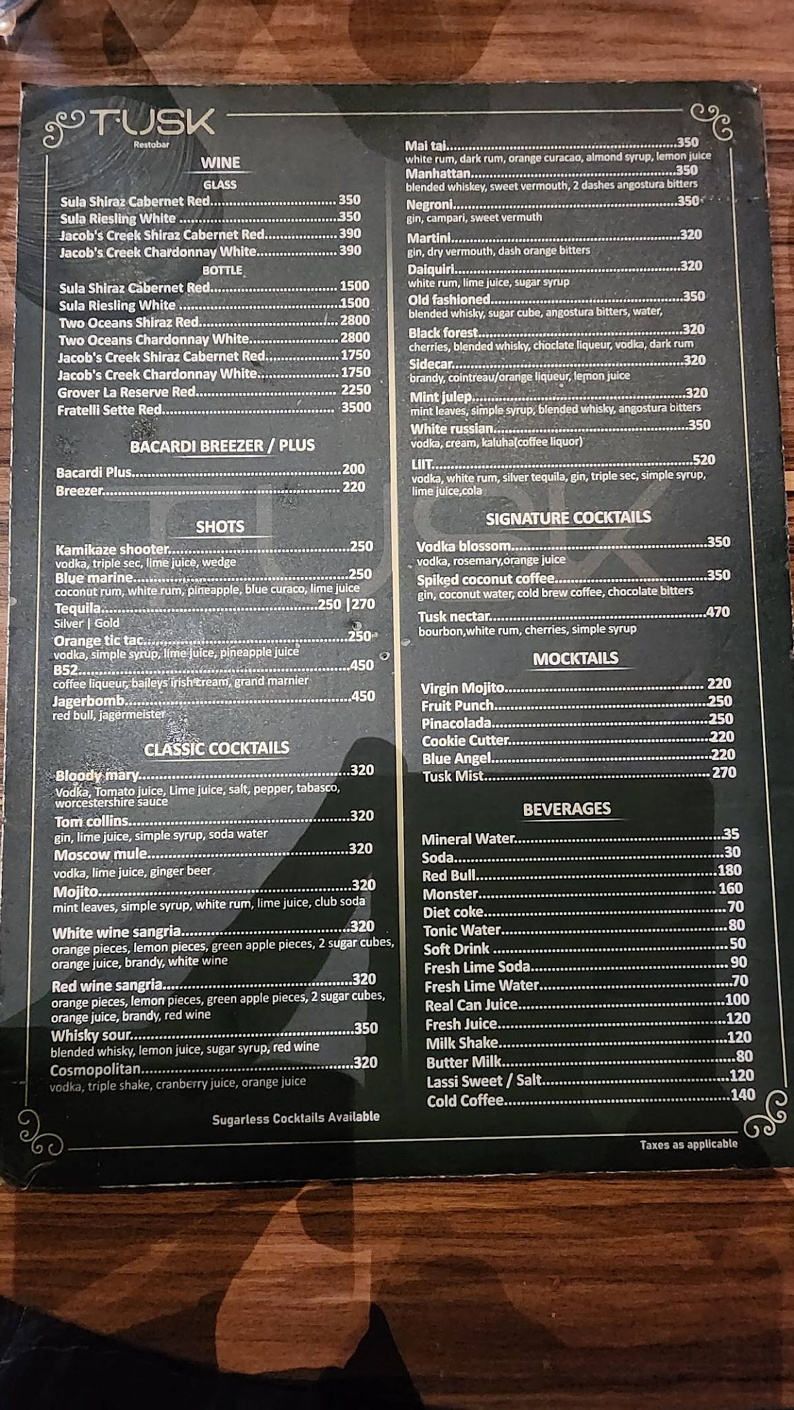 Menu at Tusk Restobar, Mysuru