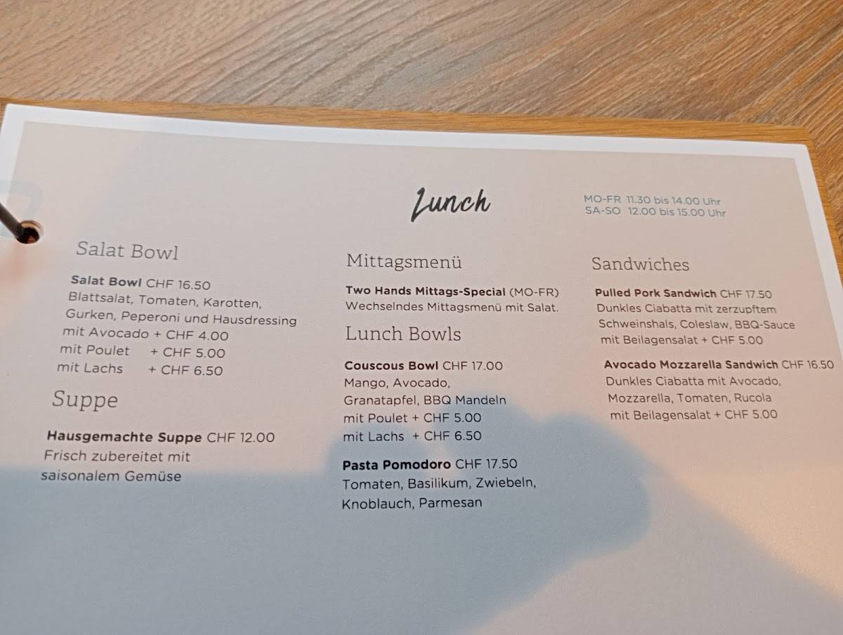 Menu at Two Hands Restaurant, Lucerne