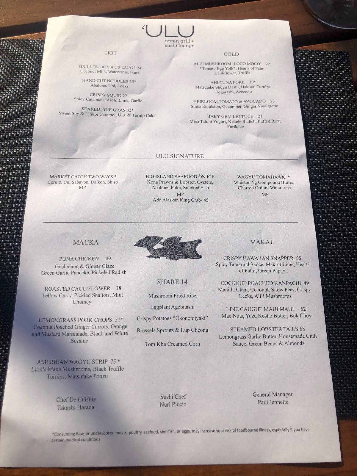 Menu at ULU Ocean Grill restaurant, Kalaoa