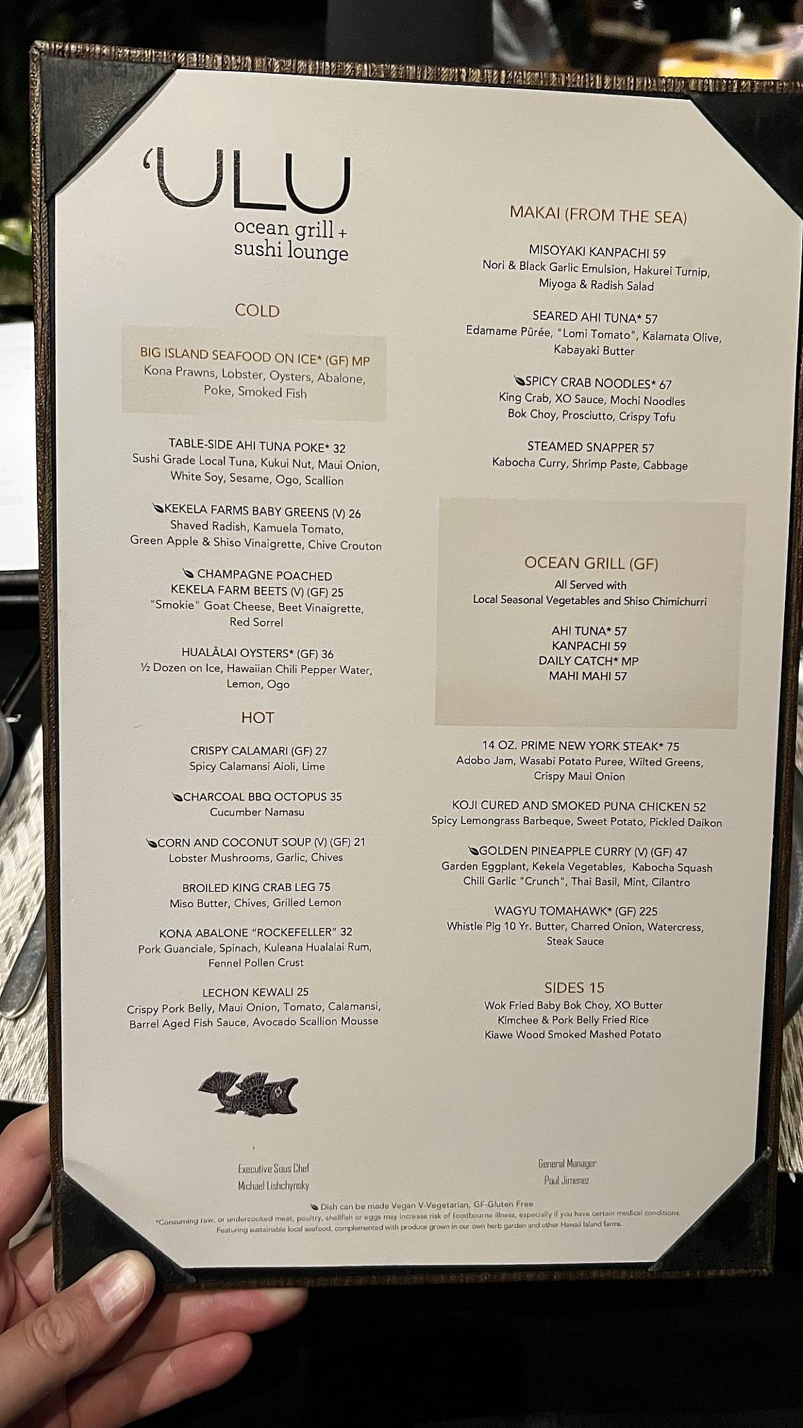 Menu at ULU Ocean Grill restaurant, Kalaoa