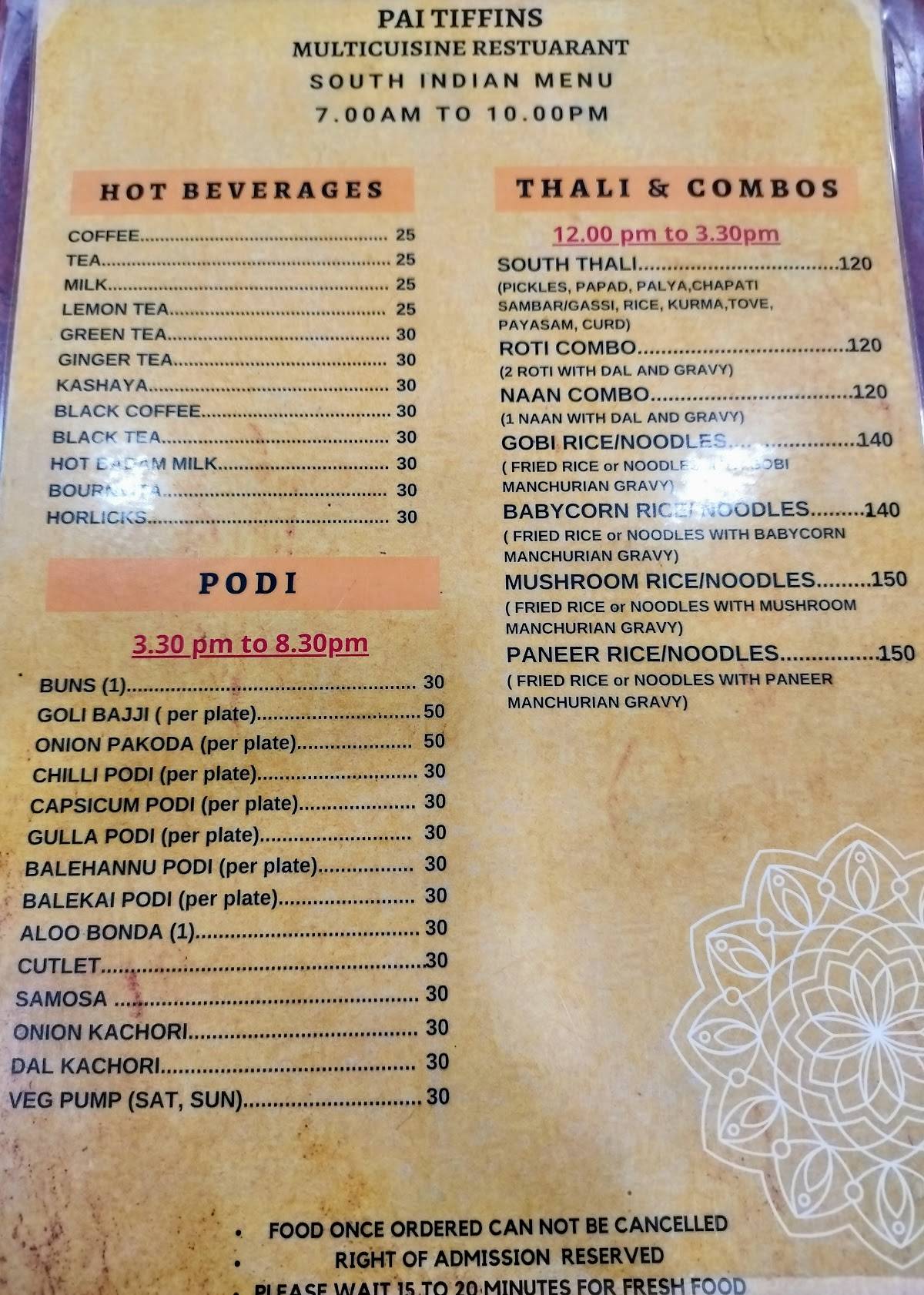 Menu at Pai Tiffins Manipal, Manipal