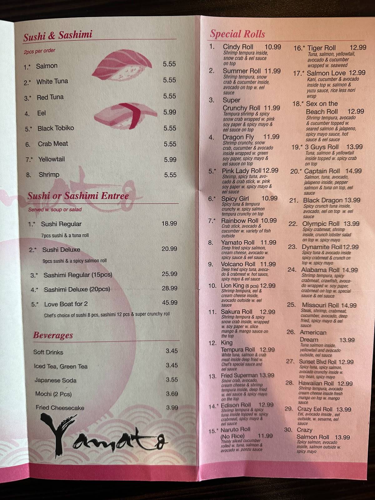Menu at yamato sushi steak house restaurant, Union