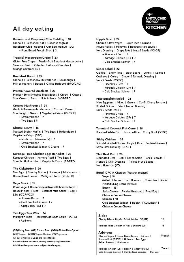 Menu at Untouched World Kitchen cafe, Christchurch