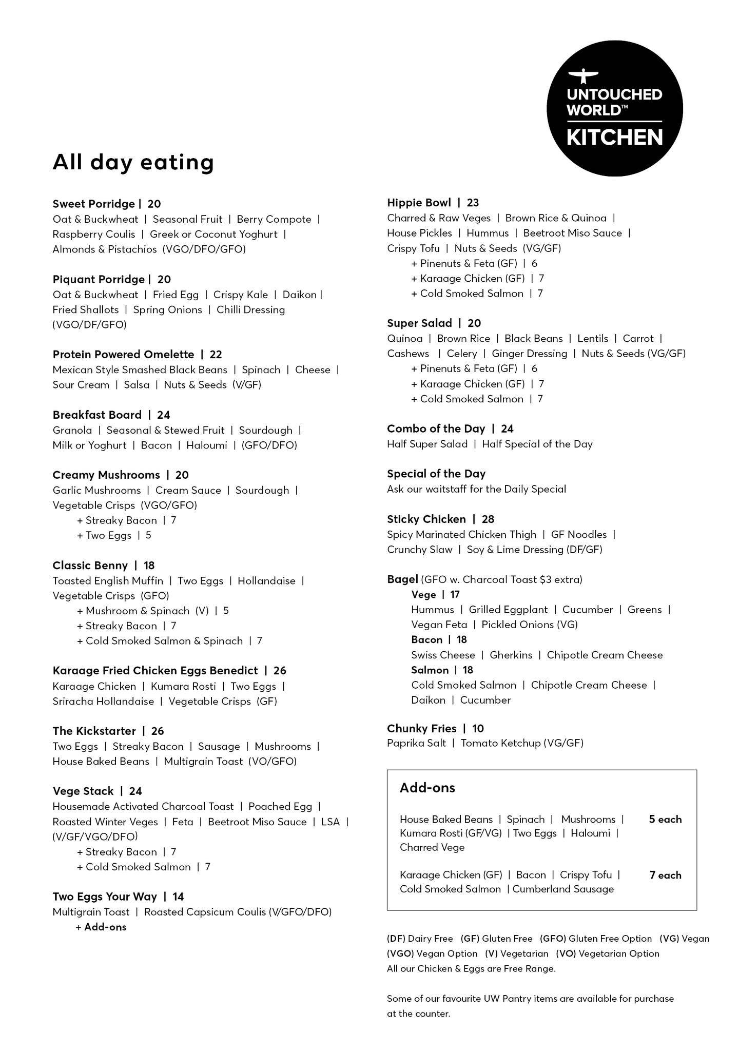 Menu at Untouched World Kitchen cafe, Christchurch