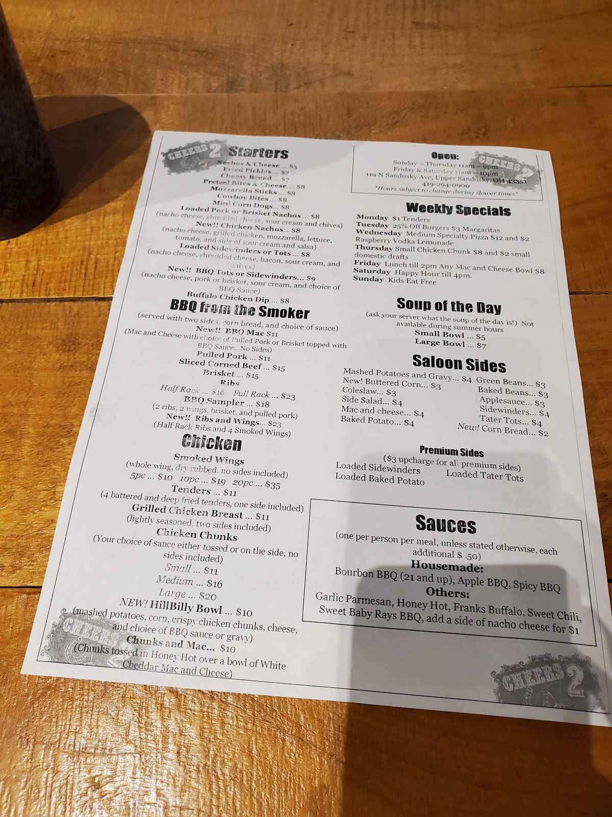 Menu at Cheers 2 U pub & bar, Upper Sandusky