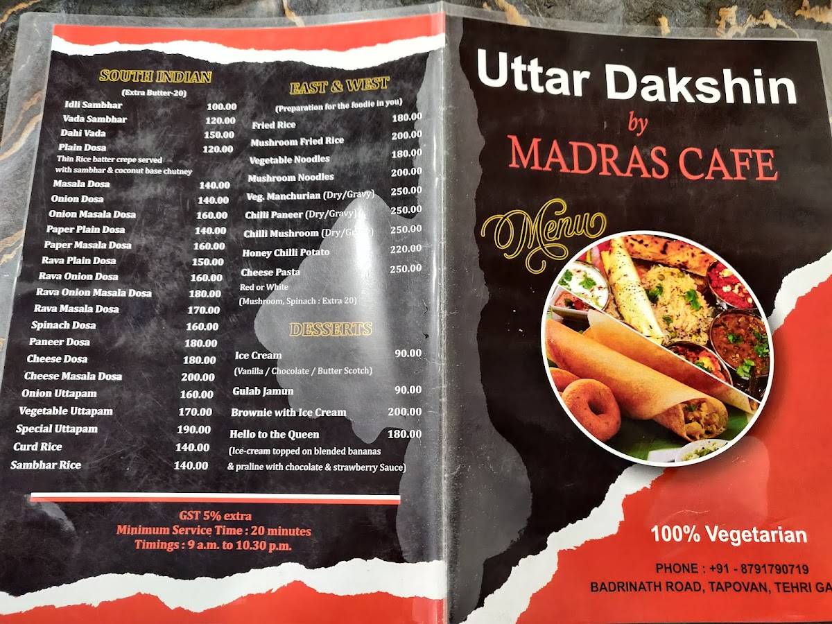 Menu at Uttar Dakshin, Rishikesh