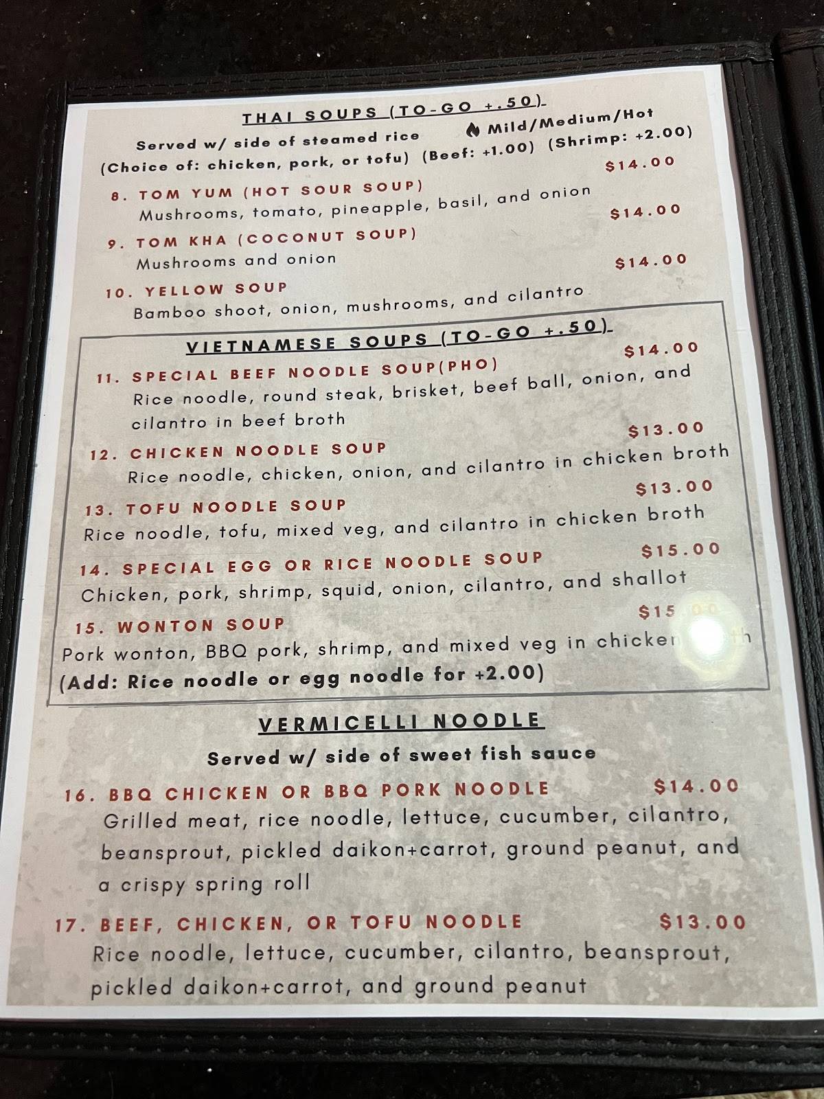 Menu at Vi Thai Vietnamese Restaurant, Wood Village