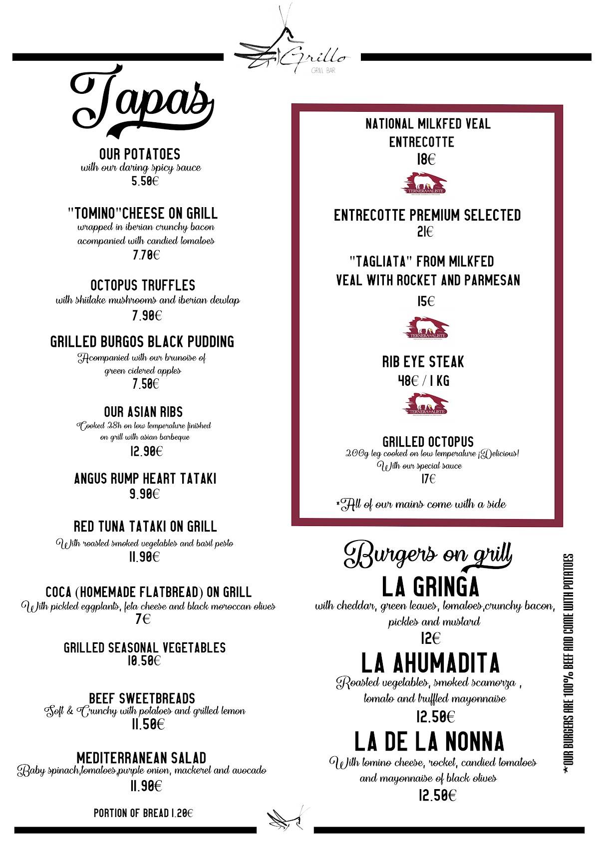 Menu at Restaurante Grillo Grill Bar, Valencia